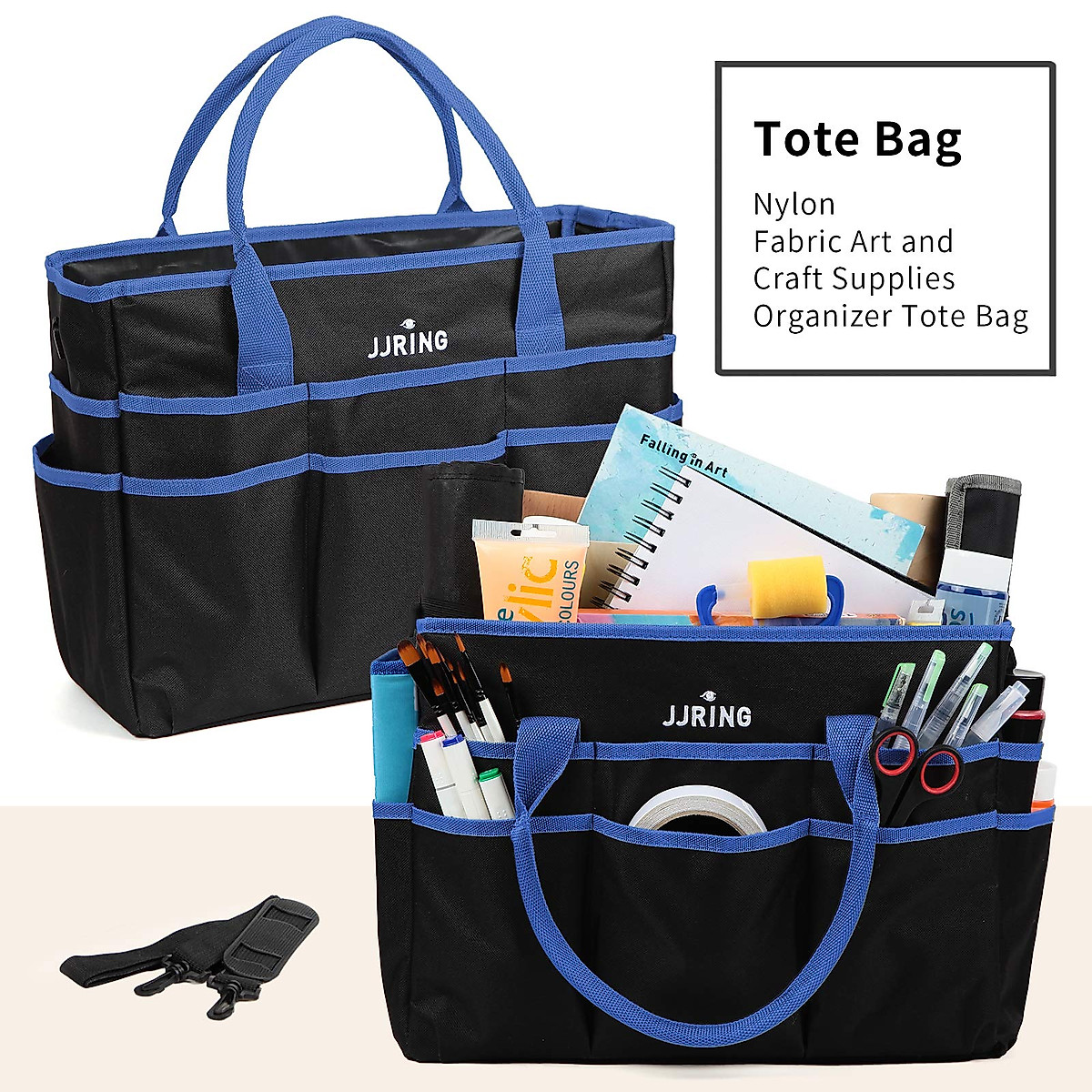 JJRING Large Multi-Functional Carrying Bag, 600D Nylon Artist Tote Bag with 16 Pockets Caddy for Art, Craft, Sewing, Make-up or School, Medical, Office Supplies Organizer, Blue