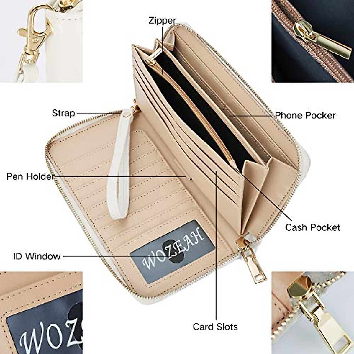 WOZEAH Women's RFID Blocking PU Leather Zip Around Wallet Clutch Large Travel Purse (A creamy white)