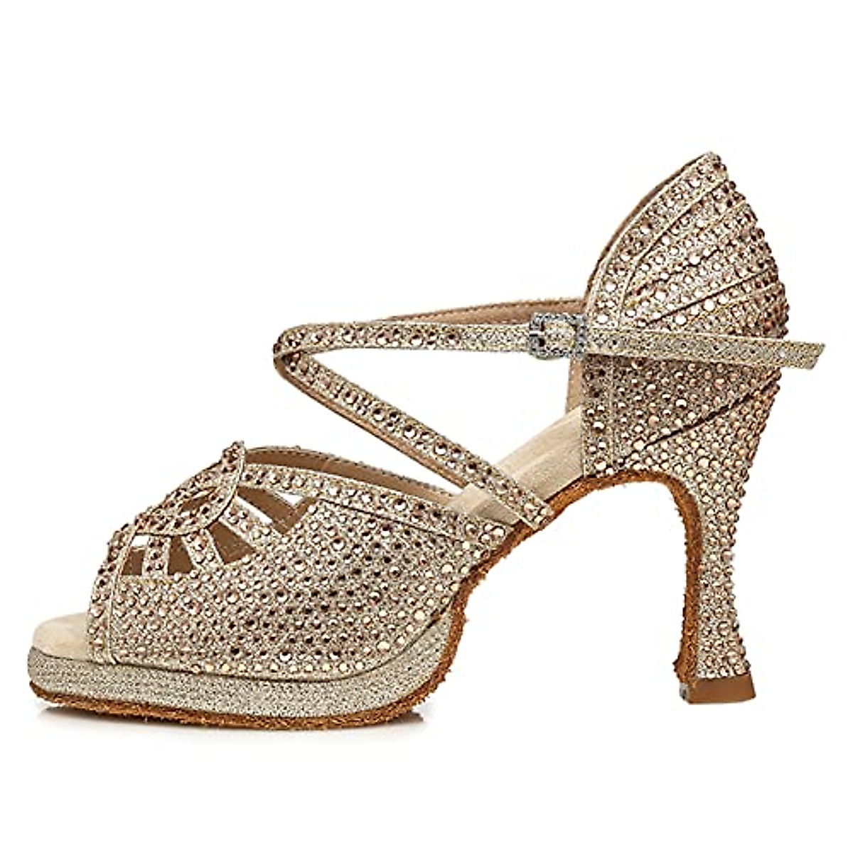 HROYL Women Rhinestone Ballroom Dance Shoes Latin Salsa Bachata Performance Dance Shoes L458 Champagne 8.5cm Heel,US 6.5