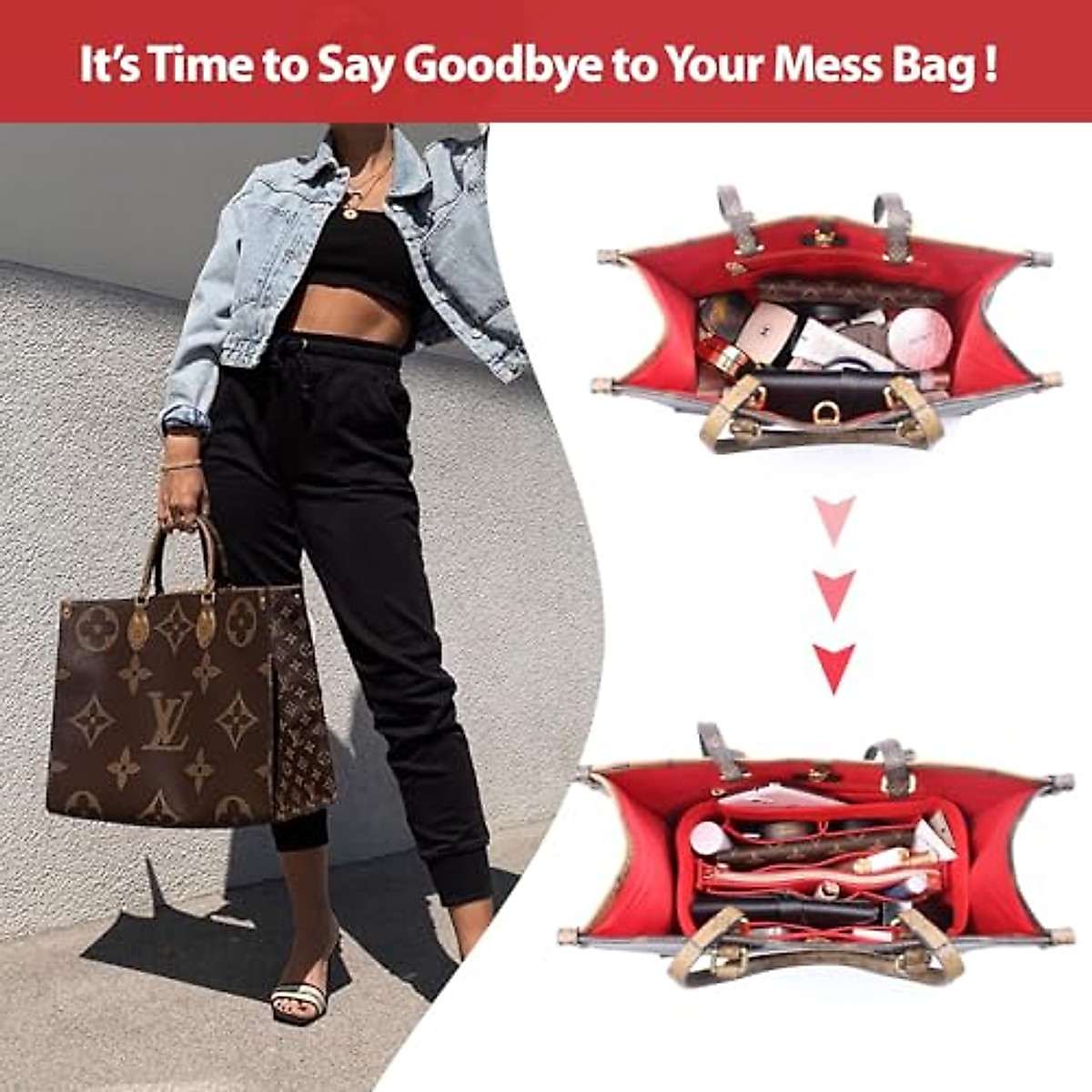 OMYSTYLE Red Purse Organizer Insert for Handbags, Felt Bag Organizer for Tote & Purse, Tote Bag Organizer Insert with 5 Sizes, Compatible with Neverful Speedy and More