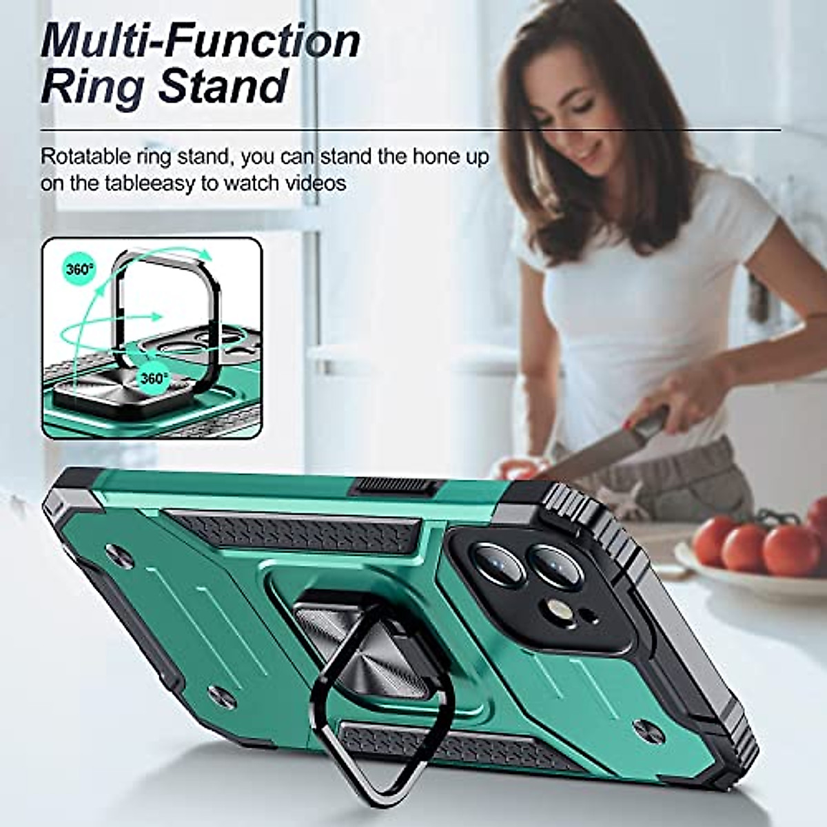 VOMODI Compatible for iPhone 12 Case,with Screen Protector 2Pcs,Heavy Duty Shockproof Bumper,with Magnetic Stand Ring & Camera Cover,Hard Protective Phone Cases for iPhone 12 6.1 inch Green