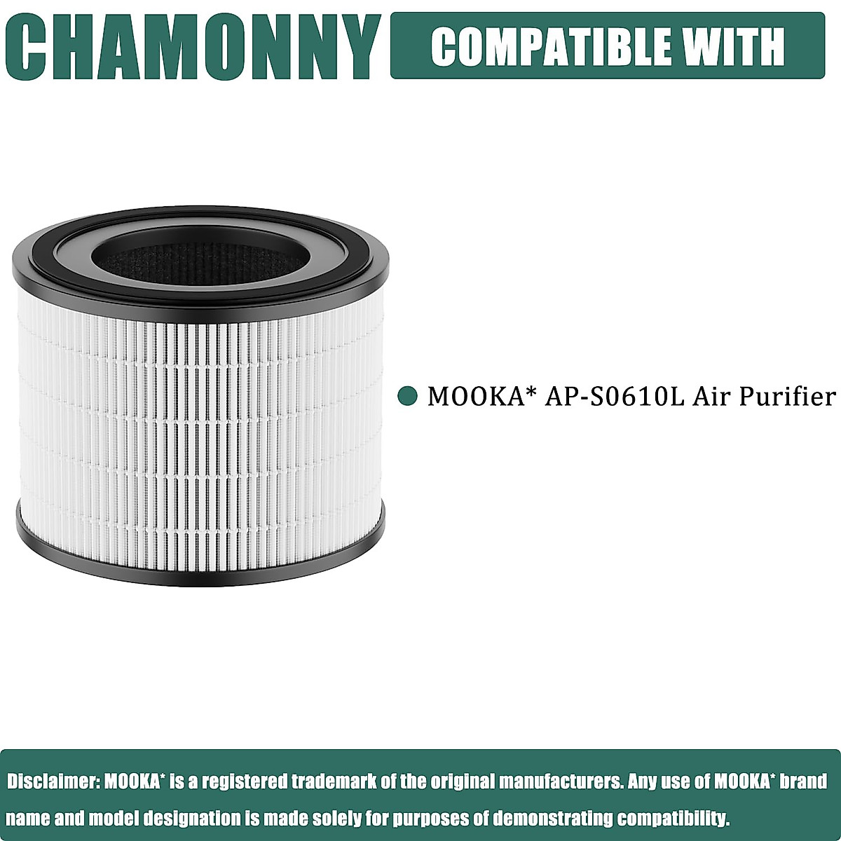 CHAMONNY AP-S0610L Filter Replacement, Compatible with MOO-KA AP-S0610L Air Purifier, 3-in-1 H13 True HEPA Filter and Activated Carbon Filter, 2 Pack