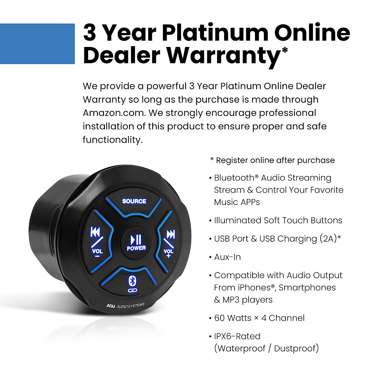 BOSS Audio Systems MGR250B Bluetooth Marine Radio Gauge Receiver, Built-in Amplifier, IPX6-Rated, USB Port + USB Charging