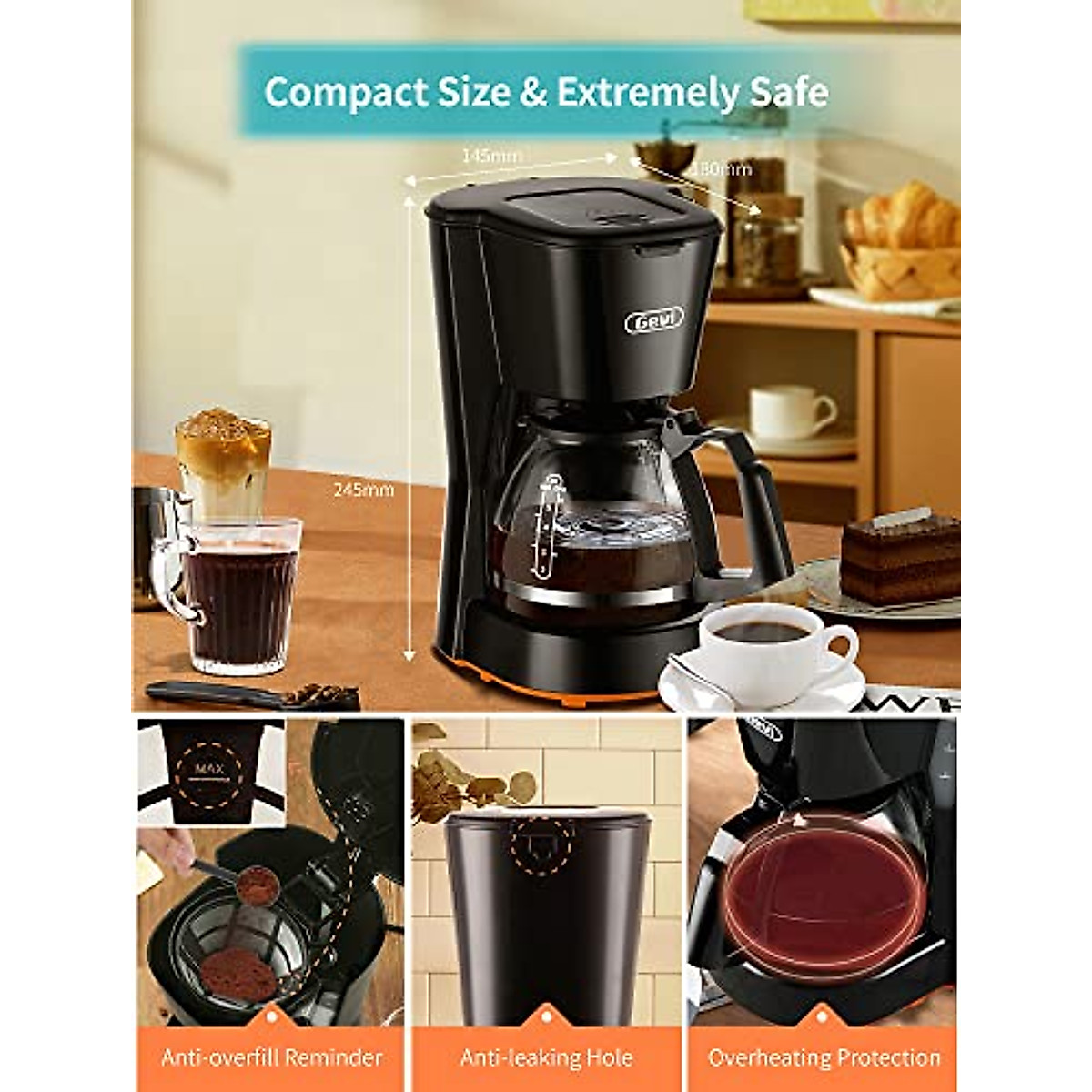 Gevi 4 Cups Small Coffee Maker, Compact Coffee Machine with Reusable Filter, Warming Plate and Coffee Pot for Home and Office