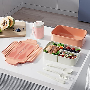 ZMYGOLON Bento Lunch Box for Kids, Lunch Bento Box Container Leak-proof for Kids Adults Teens School, Lunch Containers with 3 Compartments and Cup,Lunch Bag,Spoon,Fork (Pink)