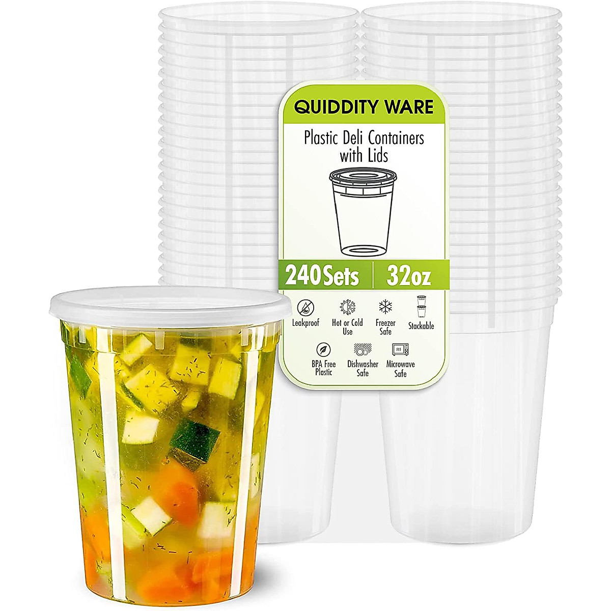 QUIDDITY WARE Deli Containers with Lids Leakproof - 240 Pack BPA-Free Plastic Microwaveable Clear Food Storage Container Premium Heavy-Duty Quality, Freezer & Dishwasher Safe (32oz 240 Sets)