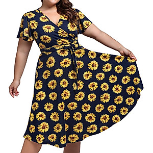 kissmay Plus Size Midi Dress,Floral Casual Dresses with Pockets Spring&Summer Dress for Women 70s Plus Mid-Length Dress for Cocktail Party A Line Swing Dresses with Belted V Neck Blue Yellow 24 PlusL
