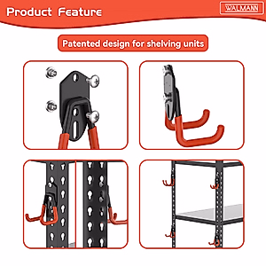 WALMANN 12PCS Garage Storage Hooks, Wall Mount Utility Hooks for Tools, Ladders, Cords, Folding Chairs, Shovels and Rakes, Shelving Hooks for Keyhole Shelving Units