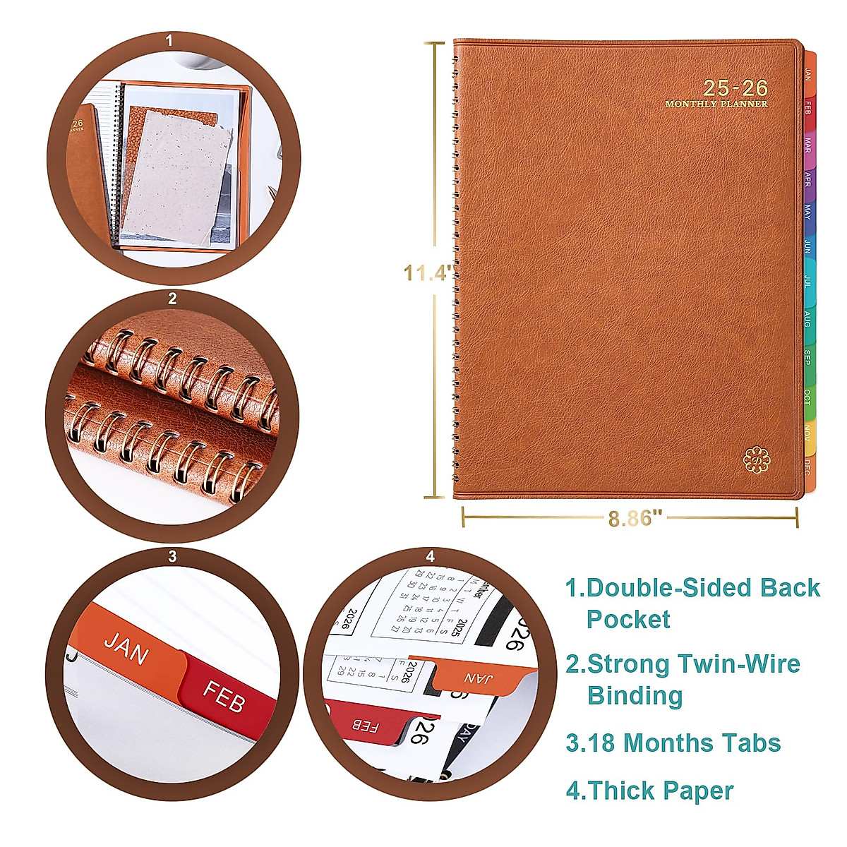 Monthly Planner 2023-2024 - 18 Monthly Planner 2023-2024 from July 2023 to December 2024, Planner 2023-2024 with Tabs, Leather Calendar Planners, Twin-Wire Binding+Inner Pocket+Contacts+Passwords