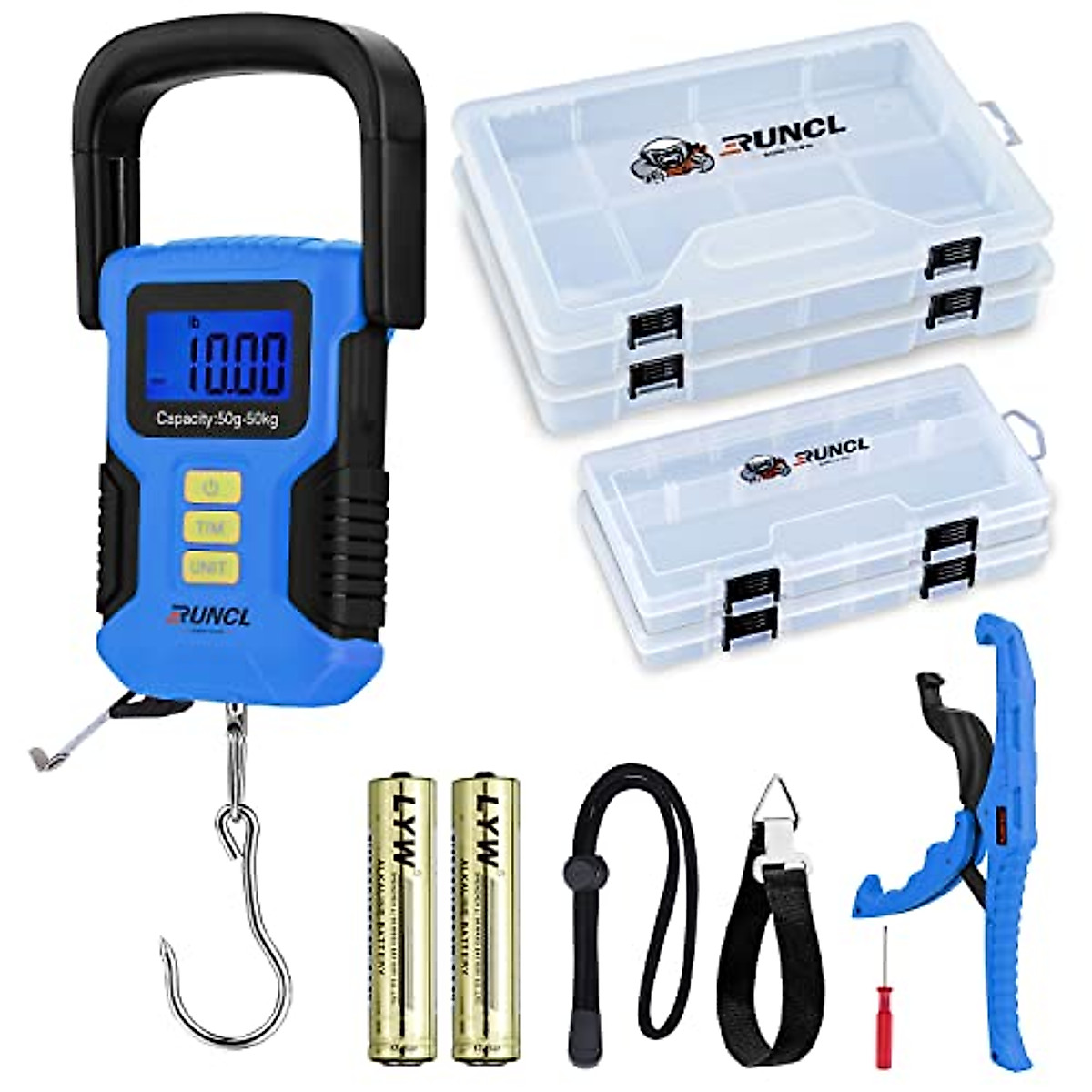 RUNCL Waterproof Fishing Scale with Lip Gripper + RUNCL 4 Packs Fishing Tackle Box