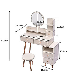 ROSE BLOOM Vanity Table Set with LED Lighted Mirror, Makeup Desk with Cushioned Stool, White Dressing Table with Storage Cabinet and 5 Drawers, Adjustable Stylish Desk Makeup Furniture for Bedroom