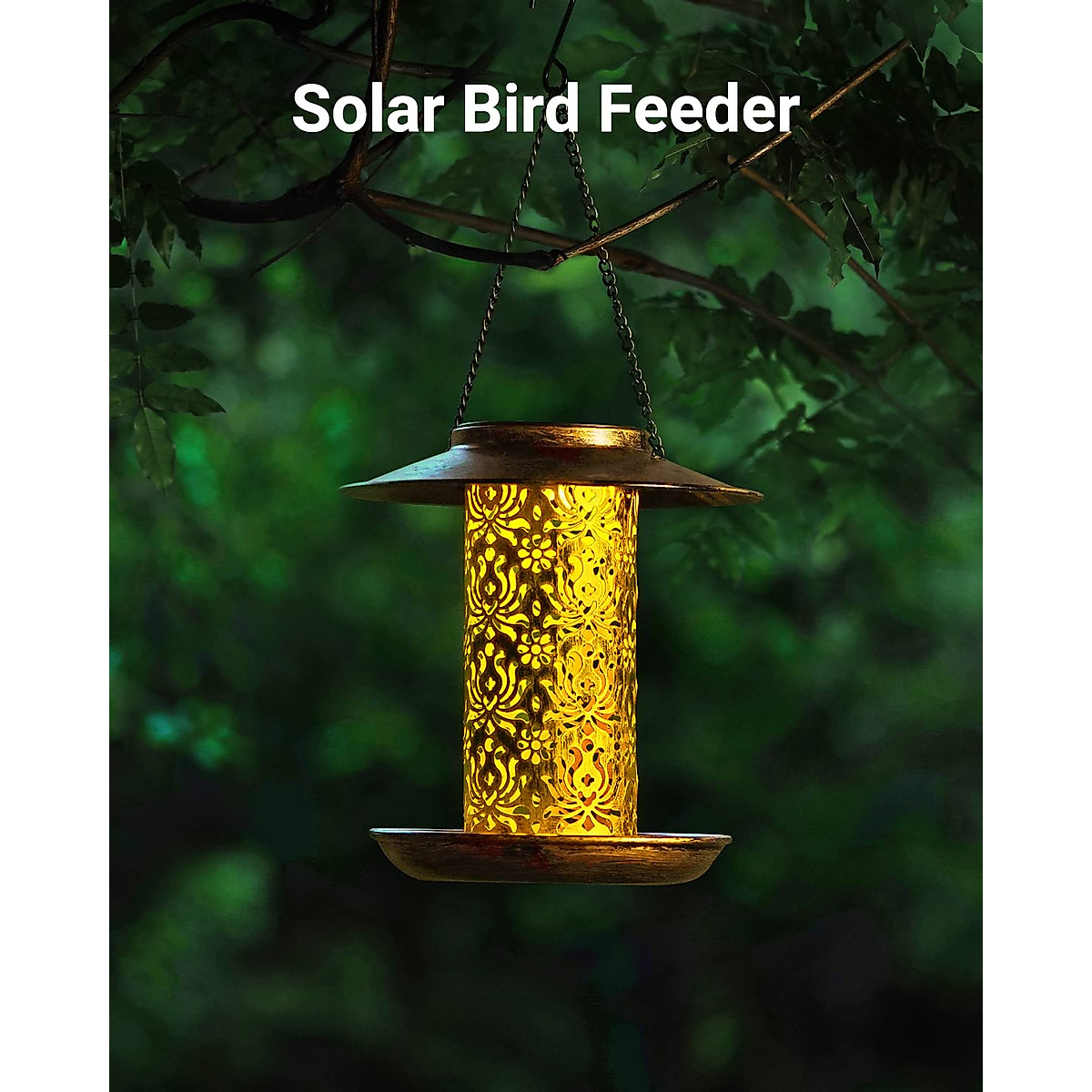 SWEETFULL Solar Bird Feeder for Outdoors Hanging, Metal Wild Bird Feeder for Cardinals Solar Garden Lantern with S Hook as Gift Ideas for Bird Lovers (2LBs Heavy Duty Weather Resistance birdfeeders)