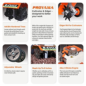 PROYAMA Gas Tiller Cultivator, 43cc 2-Cycle Garden Tiller, 2 in 1 Gas Powered Cultivators with Edger Kit, 4 Steel Tines, 6-12” Adjustable Width, 8” Max Depth