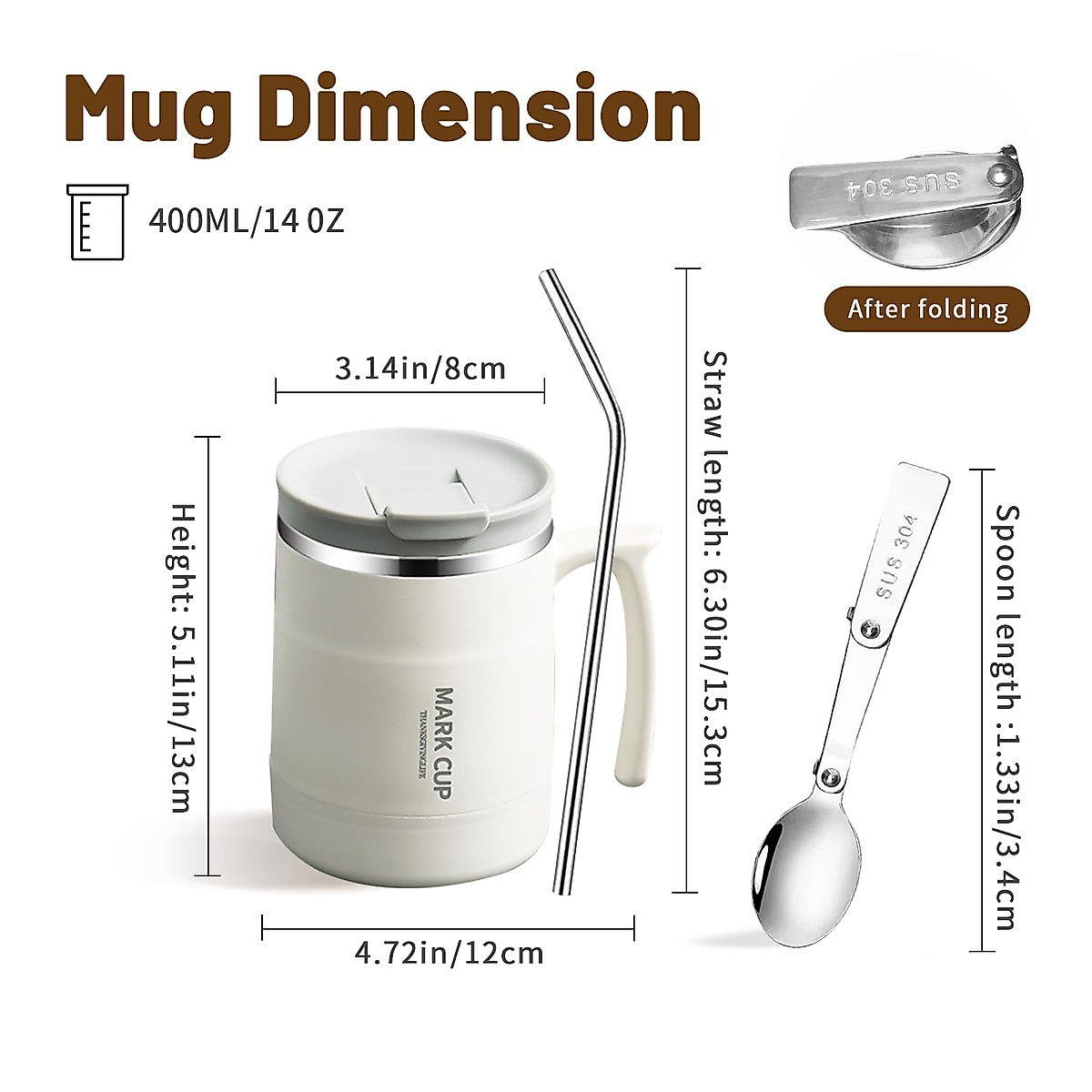 Virmate Stainless Steel Travel Coffee Mug - 400ml/14OZ Coffee Tumbler with Straw and Folding Spoon, Leak-proof for Hot & Cold, Ideal Water Bottle for Home, Office and Gift Giving (White)