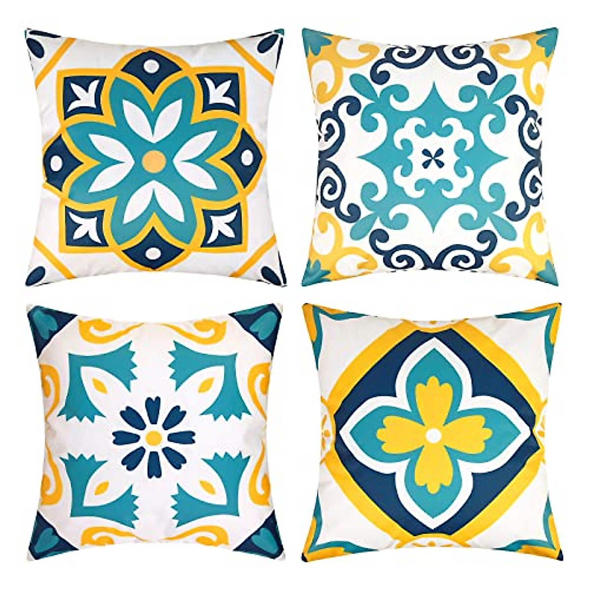 cygnus Outdoor Waterproof Throw Pillow Covers 18x18 Inch Set of 4 Boho Decorative Floral Covers for Patio Furniture Porch (18 * 18inch/45 * 45cm,Teal and Yellow)