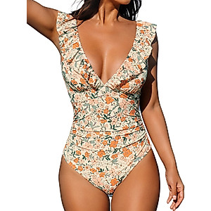 CUPSHE One Piece Swimsuit for Women Deep V Neck Ruffle Tummy Control Back Tie Floral Print Bathing Suits