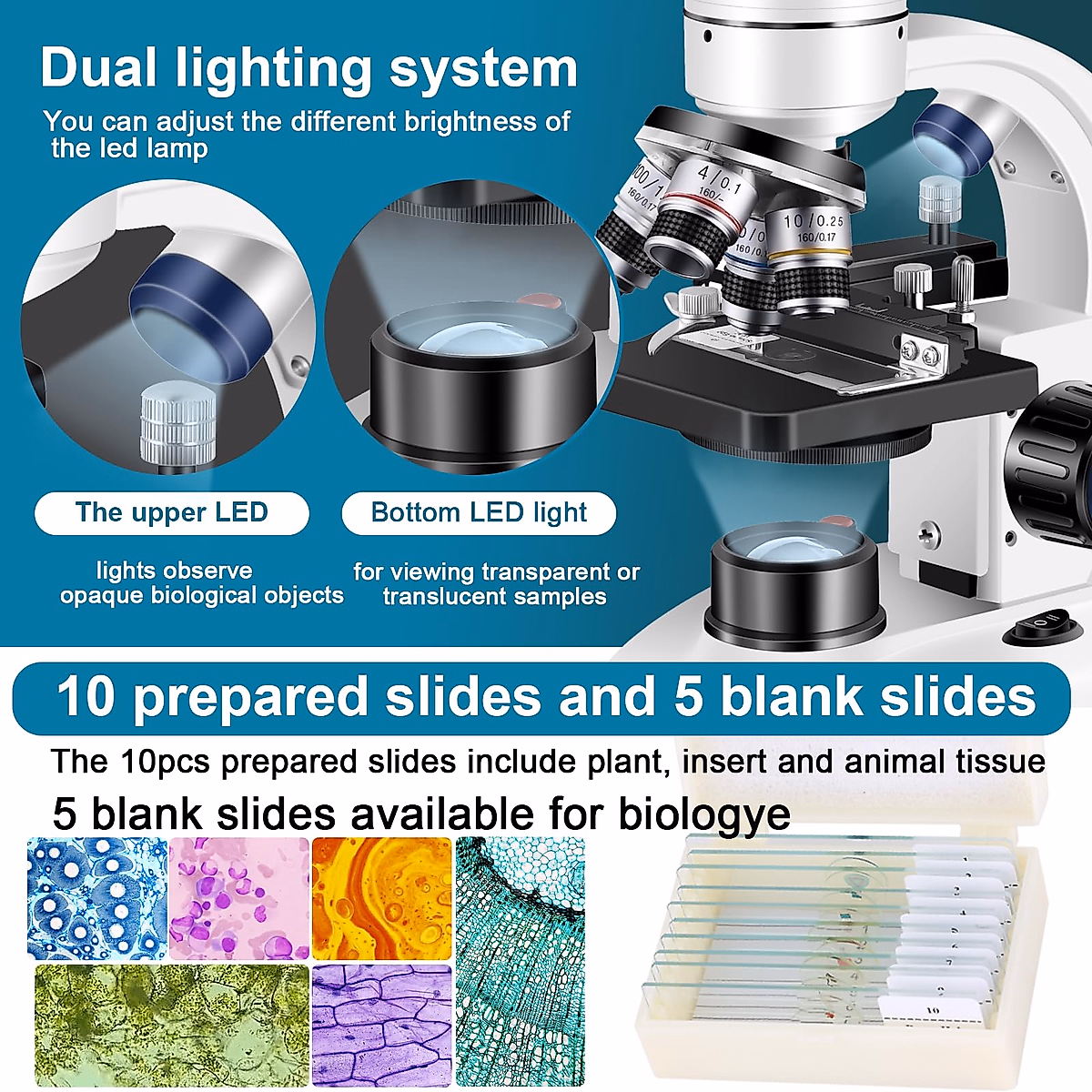 Woehrsh Microscope for Adults WF10x and WF25x eyepieces, 40X-2000X Magnification USB Camera, Microscope for Adults Suitable for Laboratory School Home Education.