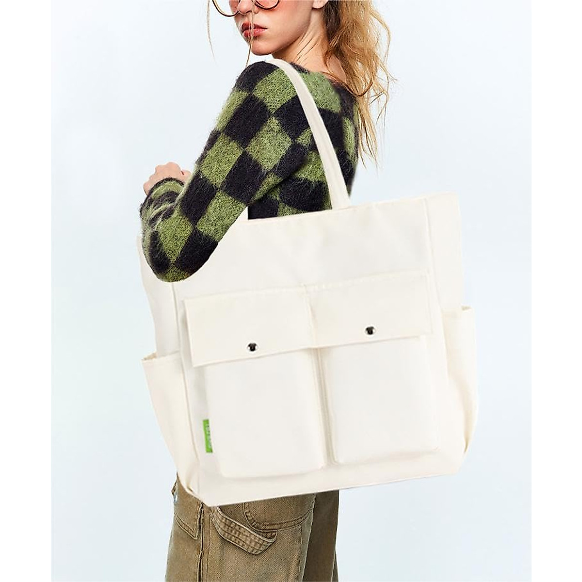 Ruofuna Women Tote Bag with Pockets Zipper Casual Shoulder Handbags Waterproof Nylon Cute Totes Bag with Compartments White