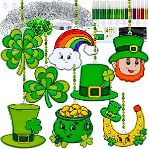 Winlyn 24 Sets St. Patrick's Day Suncatchers Ornaments DIY Window Paint Art Suncatchers St. Pat's Craft Kits Lucky Shamrock Four-Leaf Clover Rainbow Sun Catchers for Kids Party Classroom Activities