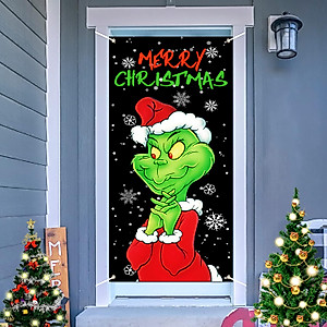 Christmas Door Cover Decorations Green Backdrop Merry Christmas Porch Sign for Indoor Outside Front Door Party Supplies（29.5x70.8in）