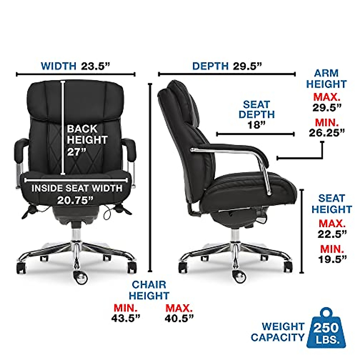 La-Z-Boy Sutherland Quilted Leather Executive Office Chair with Padded Arms, High Back Ergonomic Desk Chair with Lumbar Support, Black Bonded Leather