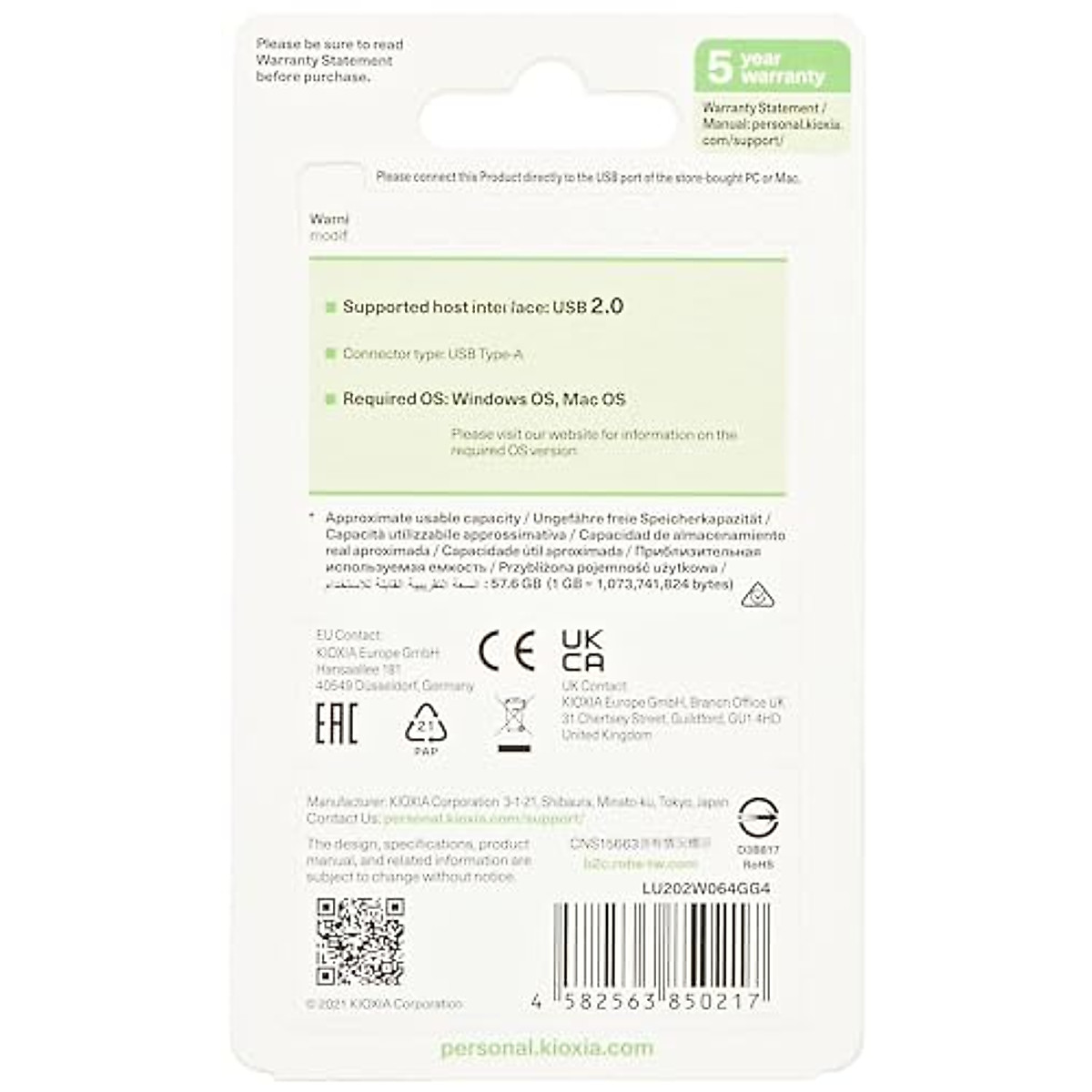 Kioxia U202 TransMemory 64GB USB2.0 Flash Drive Portable Data Disk USB Stick White LU202W064GG4