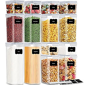 Airtight Food Storage Containers with Lids, 14 PCS Plastic Cereal Kitchen Stackable Food Storage Buckets Food Canisters for Kitchen Pantry Organization Snacks and Sugar Include 24 Labels, Black