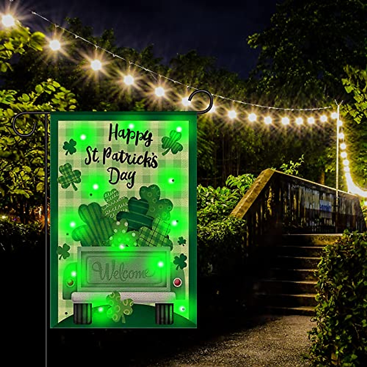 St Patrick's Day Garden Flag with Green Led Lights Good Shamrock Luck Truck Gnome 12 X 18 Inch Double Sided Garden Flag Durable Burlap Shamrock Garden Flag for Lawn Party Outdoor Decorations (Happy St. Patrick's Day)
