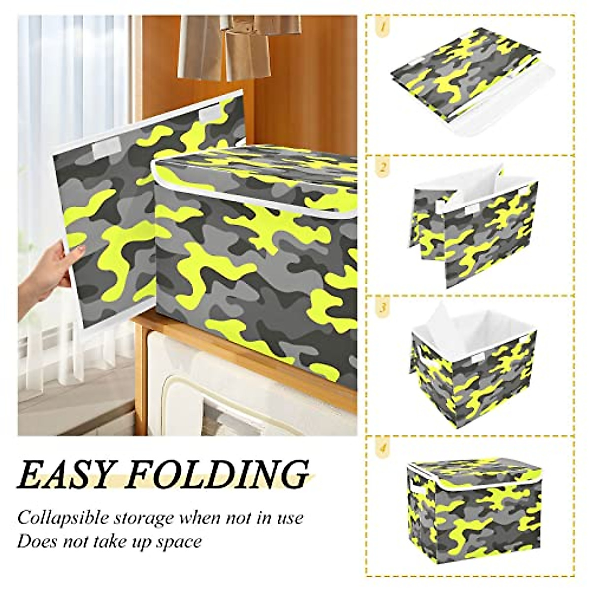 CaTaKu Camouflage Art Green Storage Bins with Lids and Handles, Fabric Large Storage Container Cube Basket with Lid Decorative Storage Boxes for Organizing Clothes