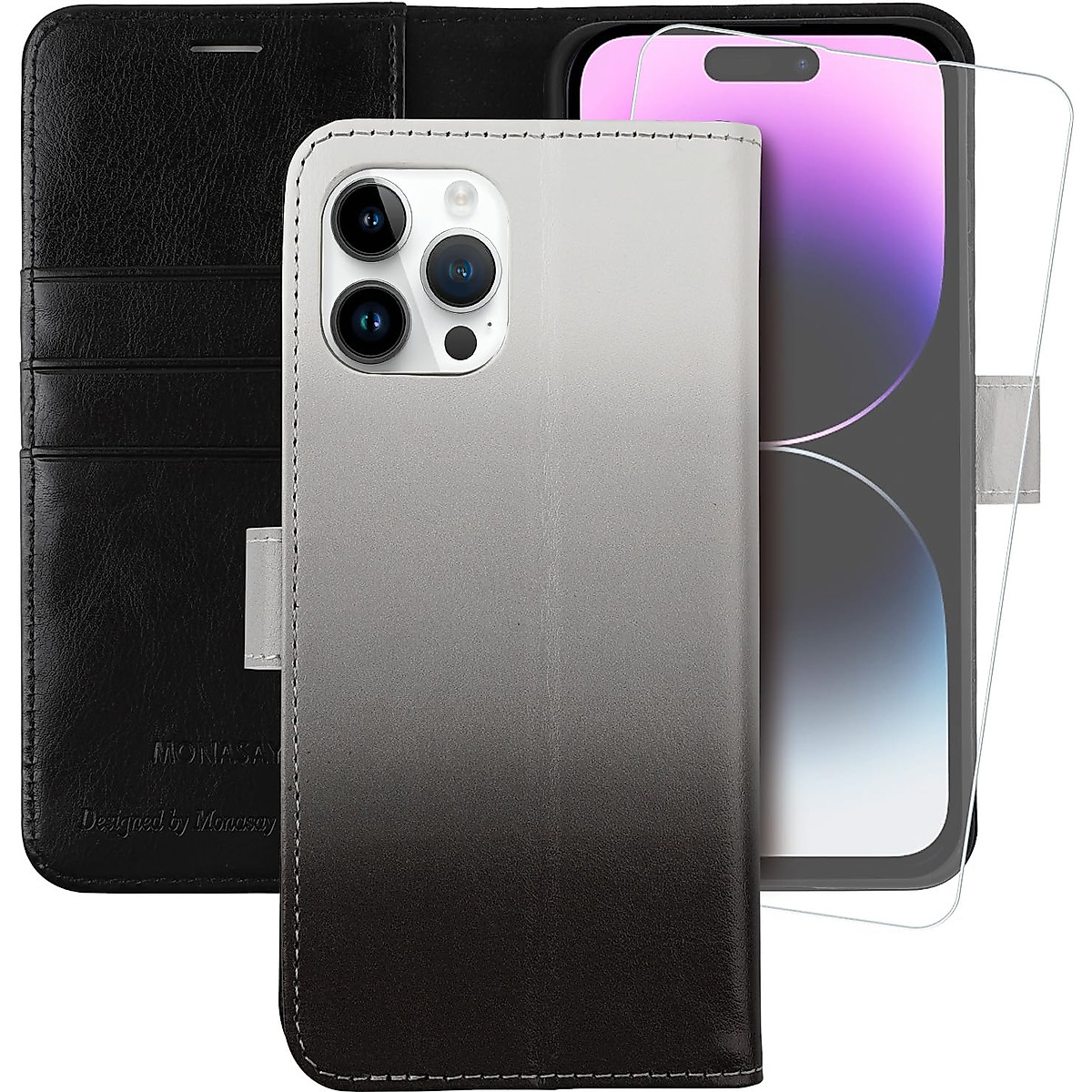 MONASAY Wallet Case Compatible for iPhone 14 Pro 5G, [Glass Screen Protector Included] [RFID Blocking] Flip Folio Leather Cell Phone Cover with Credit Card Holder, 6.1-inch, Dreamlikes