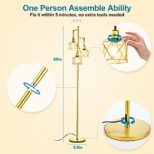 Lightdot 68IN Dimmable (Brightness Adjustable) Floor Lamp Diamond Cage Gold Tree Floor Lamps for Living Room 3000K Warm Soft Brightness LED Standing Lamp - E26 LED Bulb Included