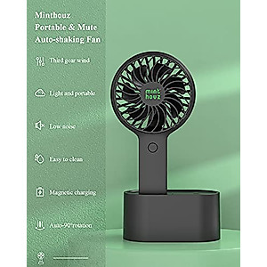 Minthouz Handheld Fan, 90° Automatic Head Shaking Personal Fan with Rotating Base, 3 Speed Adjustable Portable Fan Rechargeable Desk Fan with 2000mAh Built-in Battery, Mini Fan for Office/Home/Outdoor