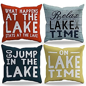 Relax You’re On Lake Time What Happens at The Lake Stays at The Lake Throw Pillow Cover Pillowcase Farmhouse Lake Theme 18x18 Inch Set of 4 Decor for Home Lake House Porch Bench Gifts for Lake Lovers