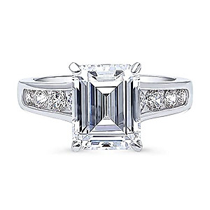 BERRICLE Sterling Silver Solitaire Wedding Engagement Rings 3.8 Carat Emerald Cut Cubic Zirconia CZ Cocktail Promise Ring for Women, Rhodium Plated Size 7