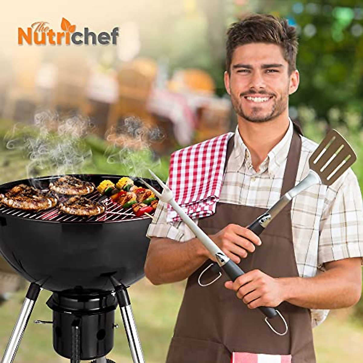 NutriChef Portable Outdoor Charcoal BBQ Grill, Stainless Steel Charcoal Grill Offset Smoker with Cover, Apple Grill and Pizza Plate, Multi-Functional Ideal for Bake. Braise, Smoke, Roast, and Grill