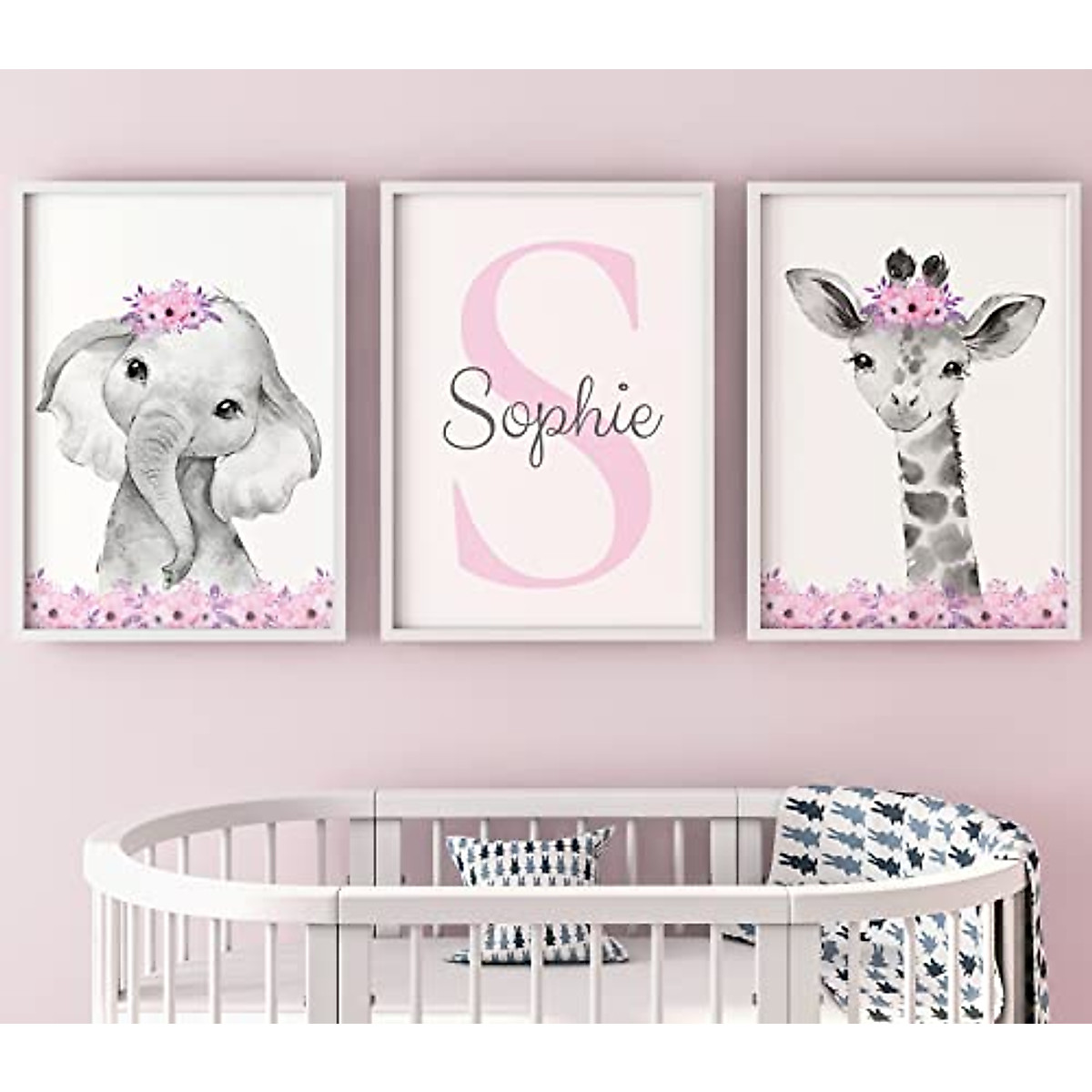 Personalized Safari Animals for Baby Girls Nursery Bedroom Unframed Set of 3 Poster Prints, Personalized Name Pink Purple Flowers Wall Art Decor New Baby Gift Present, Elephant Giraffe Panda Zebra Lion (8x10)