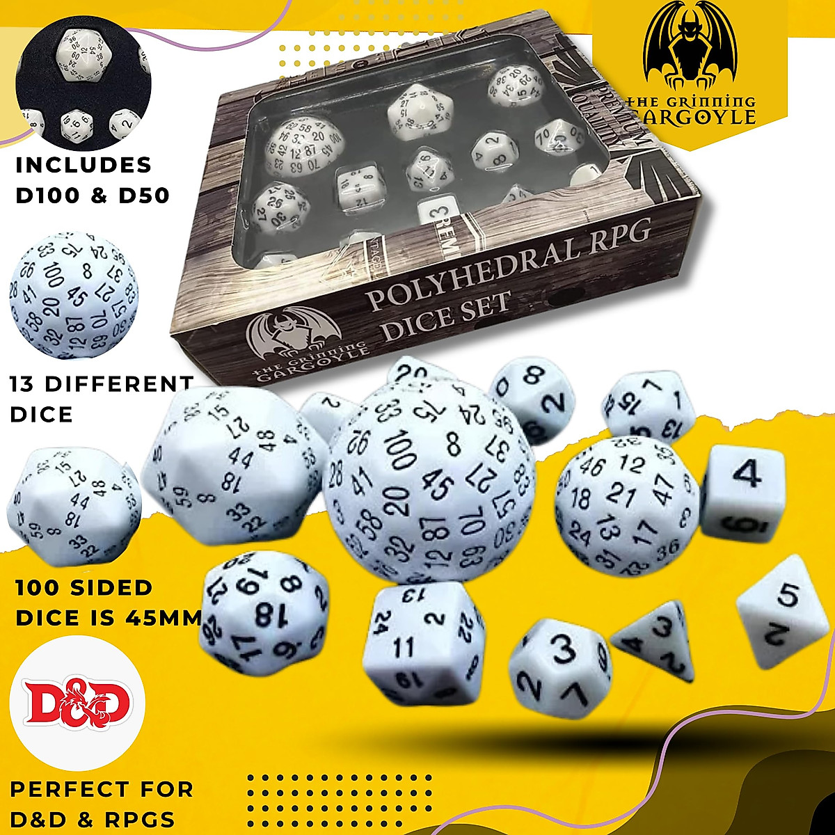 Grinning Gargoyle – 13x Deluxe Poly RPG Dice Set - Perfect for DND 5th Edition Pathfinder Starfinder Cyberpunk and Blades in The Dark – Includes a Giant 45mm 100 Sided Polyhedral Die or D100 (White)