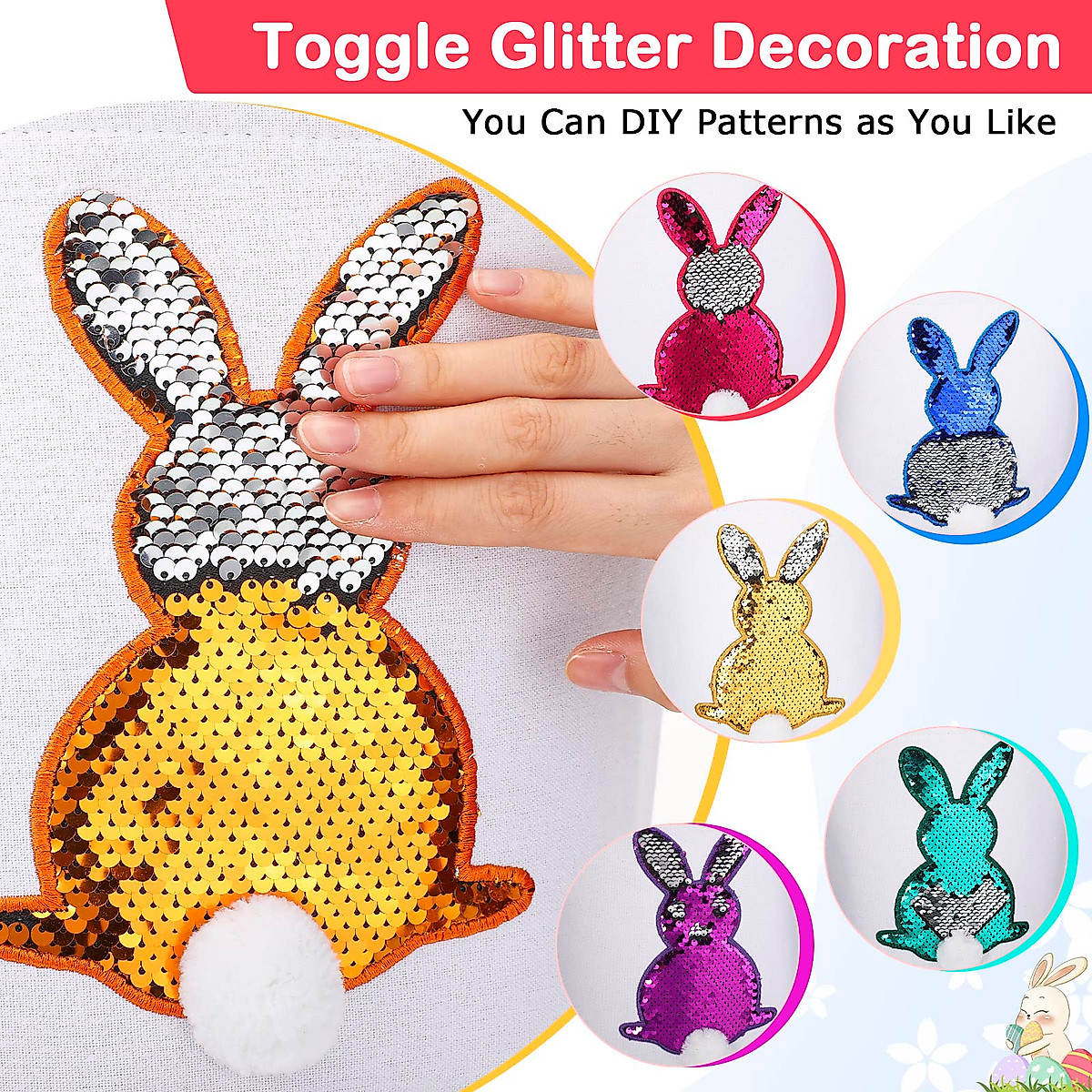 Jexine 12 Pcs Easter Bunny Basket Bags Bulk for Kids Gift Bucket Easter Eggs Hunt Basket with Handle Bunny Tote Bag Carry Bucket Rabbit Fluffy Tails Bags for Easter Party Decorations (Sequin Style)