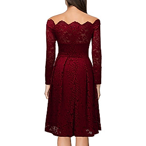 MISSMAY Women's Vintage Floral Lace Long Sleeve Boat Neck Cocktail Party Swing Dress (X-Large, A-red, x_l)
