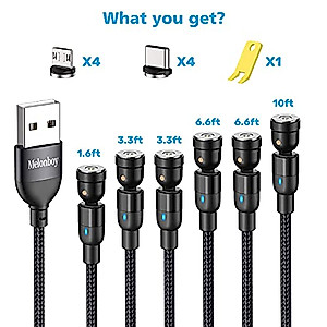Melonboy 360°&180° Rotation Magnetic Charging Cable[6-Pack, 1.6ft/3.3ft/3.3ft/6.6ft/6.6ft/10ft], Magnetic Phone Charger, 3 in 1 Magnetic Cable Compatible with Micro USB, Type C - Black