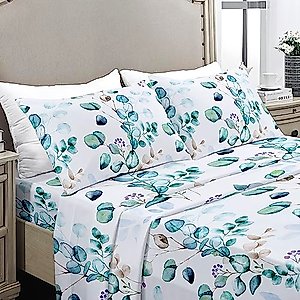 YIYEA Queen Sheet Set - Plant Print - Luxury Brushed Microfiber Bed Sheets - Lightweight Breathable Cooling Sheets for Queen Size Bed - 16" Deep Pocket, Shrinkage, and Fade Resistant - 4 PC