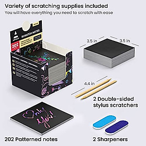 Arteza Scratch Paper, Set of 202 Notes, 3.5 x 3.5 Inches, 200 Rainbow and 2 Gold-Foil Star Backgrounds, Includes 2 Scratchers and 2 Sharpeners, Art Supplies for Craft and DIY Projects