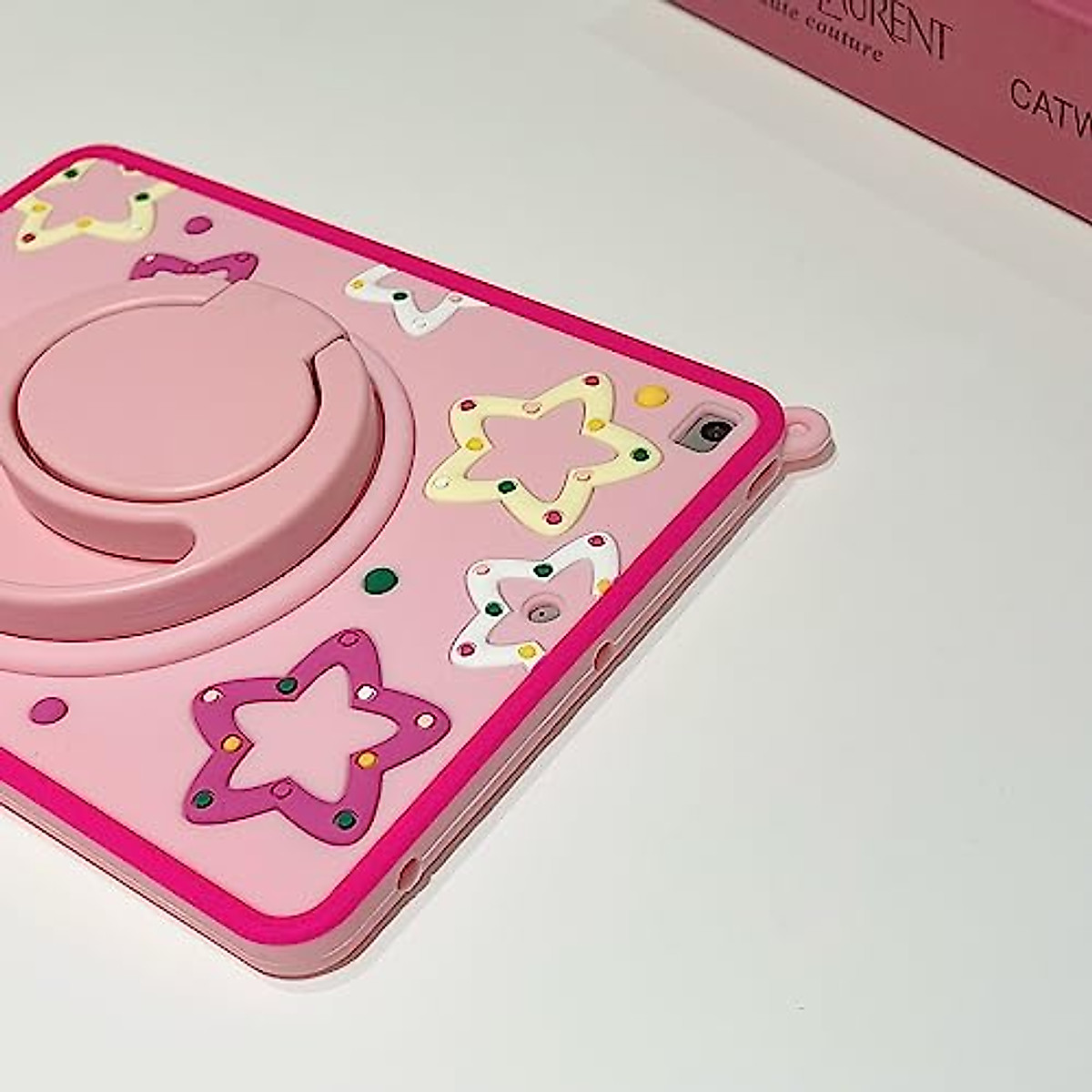 Premium Cute Soft Silicone Pink Star Colorful Kawaii Pattern Tablet Case with Built-in Foldable Kickstand and Lanyard Shockproof Cover Case for iPad Air 4 2020 10.9"
