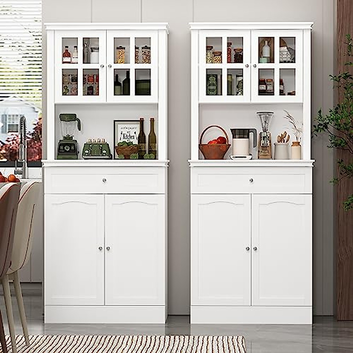 ECACAD Kitchen Pantry with 4 Doors, Drawer & Adjustable Shelves, Wood Storage Cabinet with Acrylic Doors, Freestanding Kitchen Cupboard Floor Cabinet for Living Room, White (29.9”W x 16.9”D x 72.3”H)