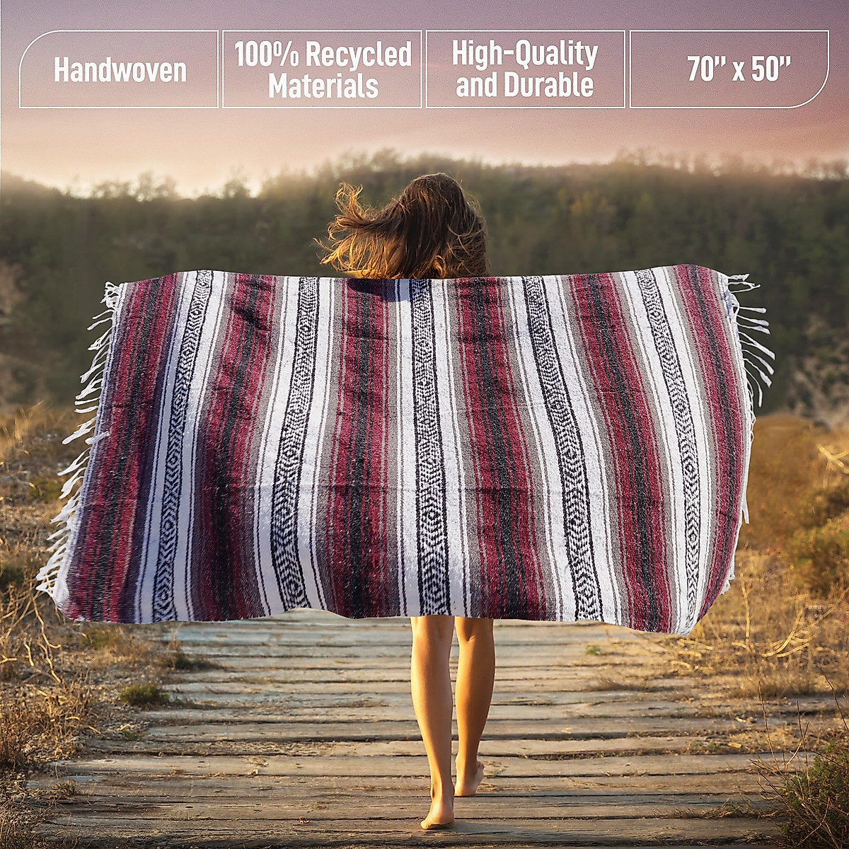 Authentic Large Handwoven Mexican Blanket - Soft Yoga Blanket - Durable Serape Blanket - Lightweight Falsa Blanket, Beach Blanket, Camping Blanket, Picnic Blanket, Outdoor Blanket 70"x50" - Cherry