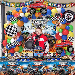 Monster Truck Birthday Decorations, Machines Jam Party Decoration Supplies include Truck Balloons Arch, Tablecloth, Backdrop, Cake Cupcake Toppers, Hanging Swirls, Flags, Truck Birthday Decor for Boys
