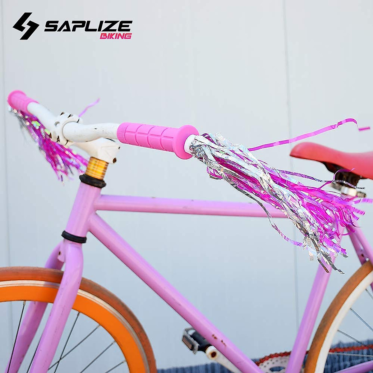 SAPLIZE Bike Handlebar Grips, for Kids Girls Boys Bikes, Balance Bikes, Road Bikes and Scooters, Length 4.9", with Tassel Streamers, Pink