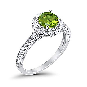 Blue Apple Co. Art Deco Filigree Halo Wedding Engagement Bridal Ring Solid Round Simulated Peridot 925 Sterling Silver, Size-8