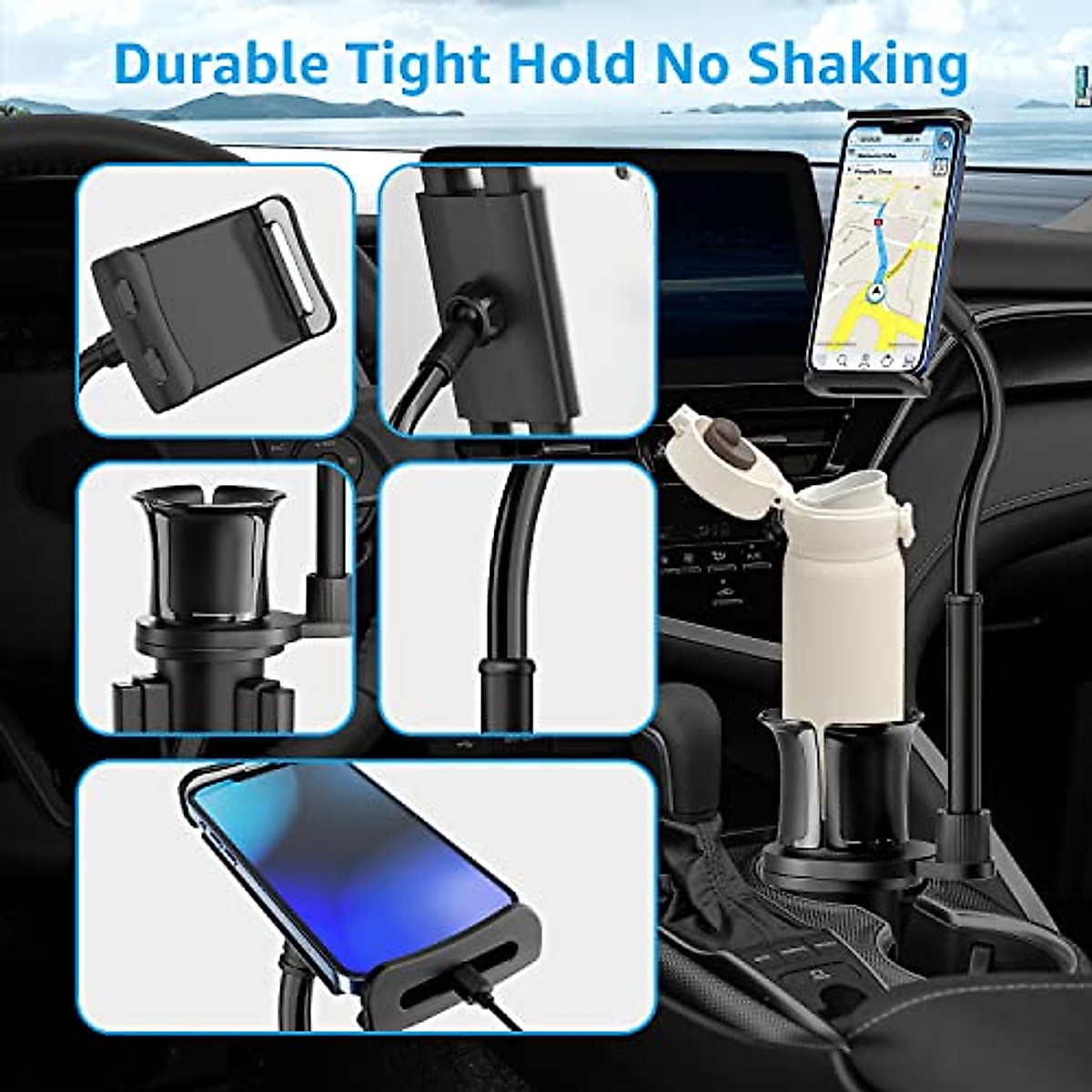 Car Cup Holder Phone Mount, 2 in 1 Universal Cell Phone Mount for Car, Adjustable Long Gooseneck Phone Holder 360° Strong Cup Holder for Car, Compatible with All 4.7''-8.2'' Smartphone Pad Devices