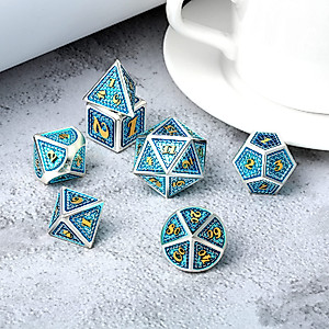 DNDND Dragon Skin Metal Dice Set, 7 PCS Metallic D&D Die with Metal Tin for DND Game (Azure with Silver Edge)